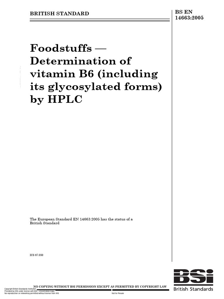 BS EN 14663-2005 Determination of Vitamin B6 (Including Its ...