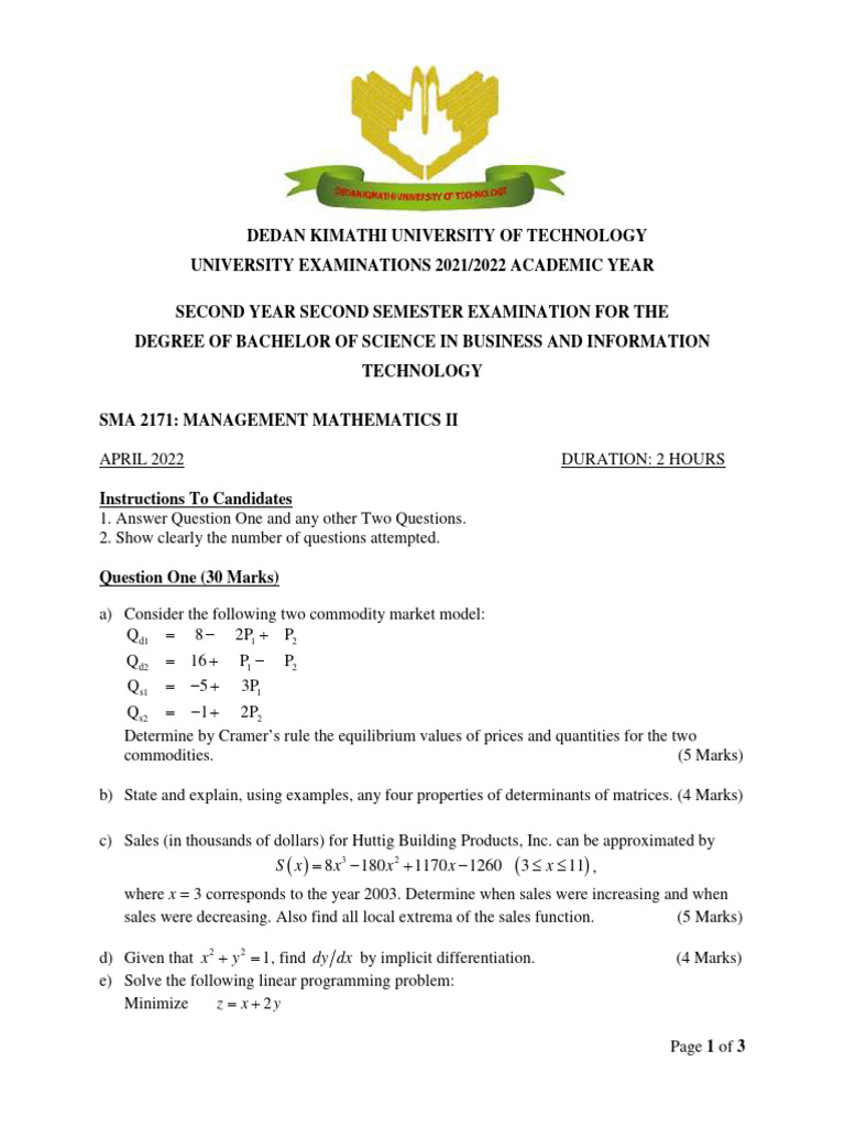 Sma 2171 - Management Mathematics II - Bbit Group - April-2022 Exam ...
