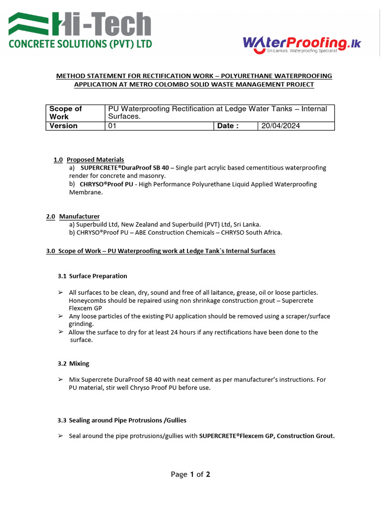 Method Statement For Rectification Work-Polyurethane Waterproofing ...