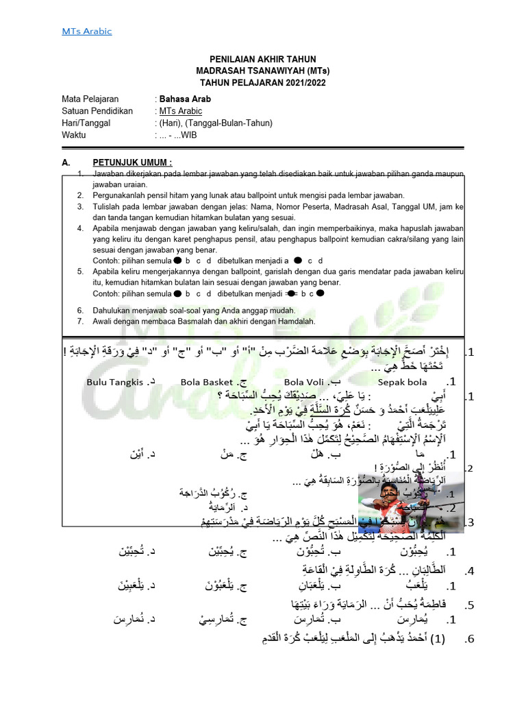 Soal PAT Bahasa Arab MTs Kelas 8 TP 2021-2022 - MTs Arabic | PDF