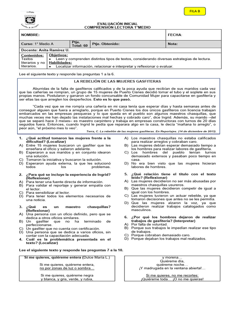 COMPRENSIÓN LECTORA 1°MEDIO FILA B | PDF