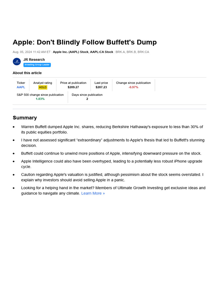 Apple_ Don't Blindly Follow Buffett's Dump (NASDAQ_AAPL) _ Seeking ...