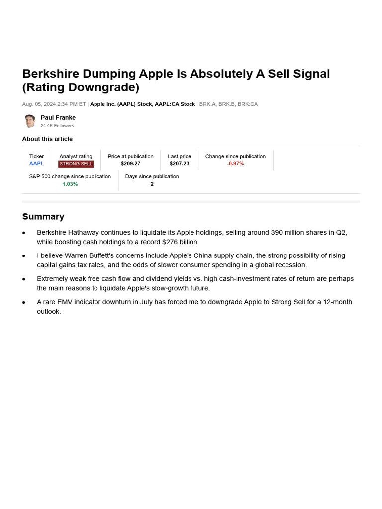 Berkshire Dumping Apple Is Absolutely A Sell Signal (Rating Downgrade ...