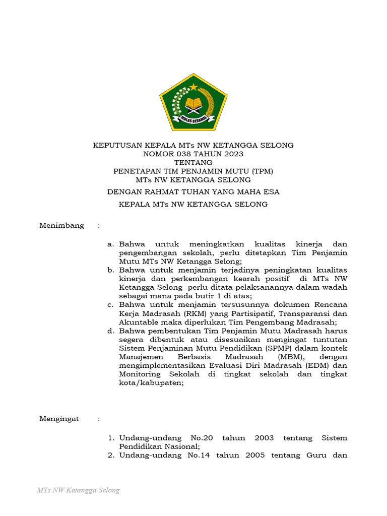 Contoh SK Tim Penjaminan Mutu | PDF