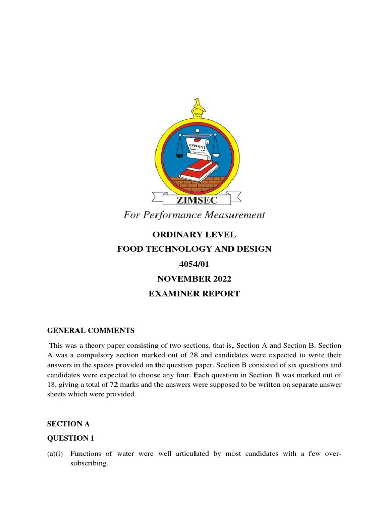 O Level Food Technology and Design 405401 Examiners Report | PDF ...