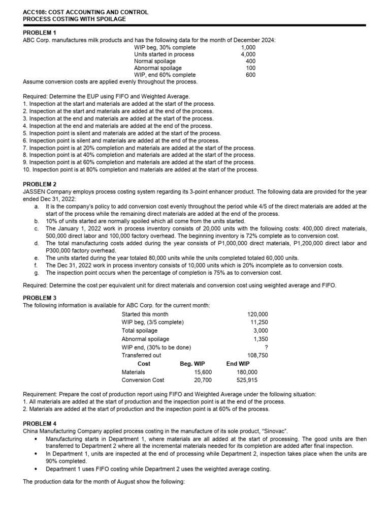 Process Costing With Spoilage - Exercises | PDF | Inventory | Business