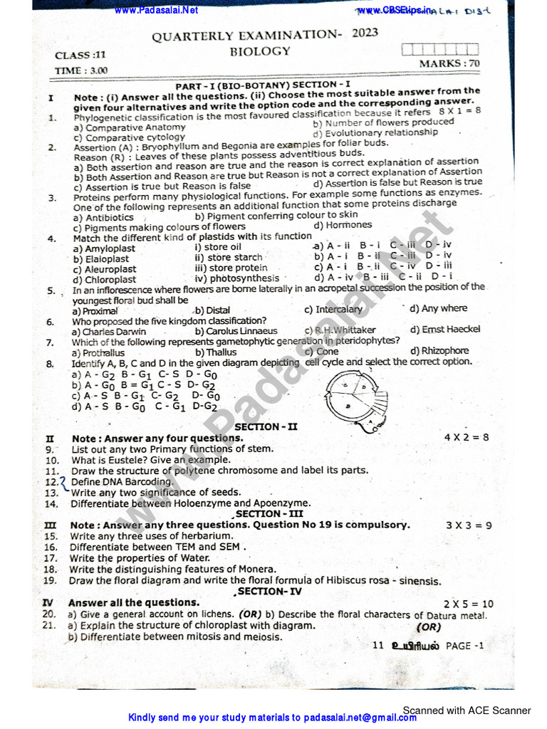 11th Biology EM Quarterly Exam 2023 Original Question Paper ...
