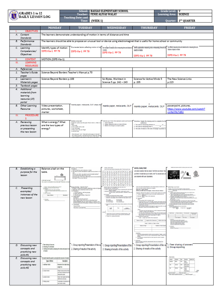 DLL - Science 5 - Q3 - W1 | PDF | Learning | Teachers