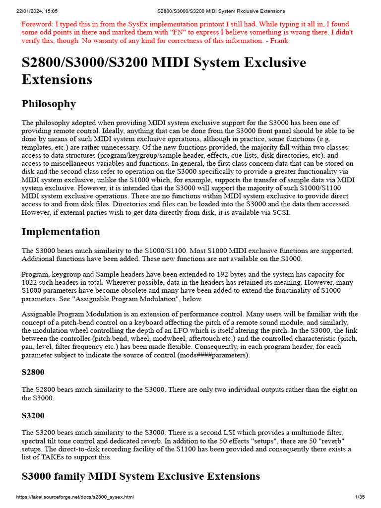 S2800 - S3000 - S3200 MIDI System Rxclusive Extensions | PDF ...