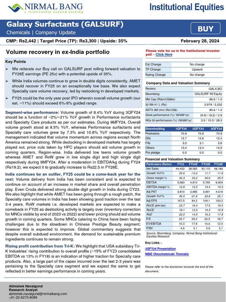 Nirmal Bang Galaxy Surfactants Company Update | PDF | Stocks | Financial Accounting