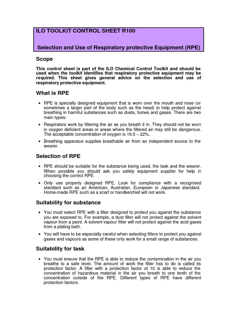 ILO - Toolkit Control Sheet R100 Selection and Use of RPE | PDF ...