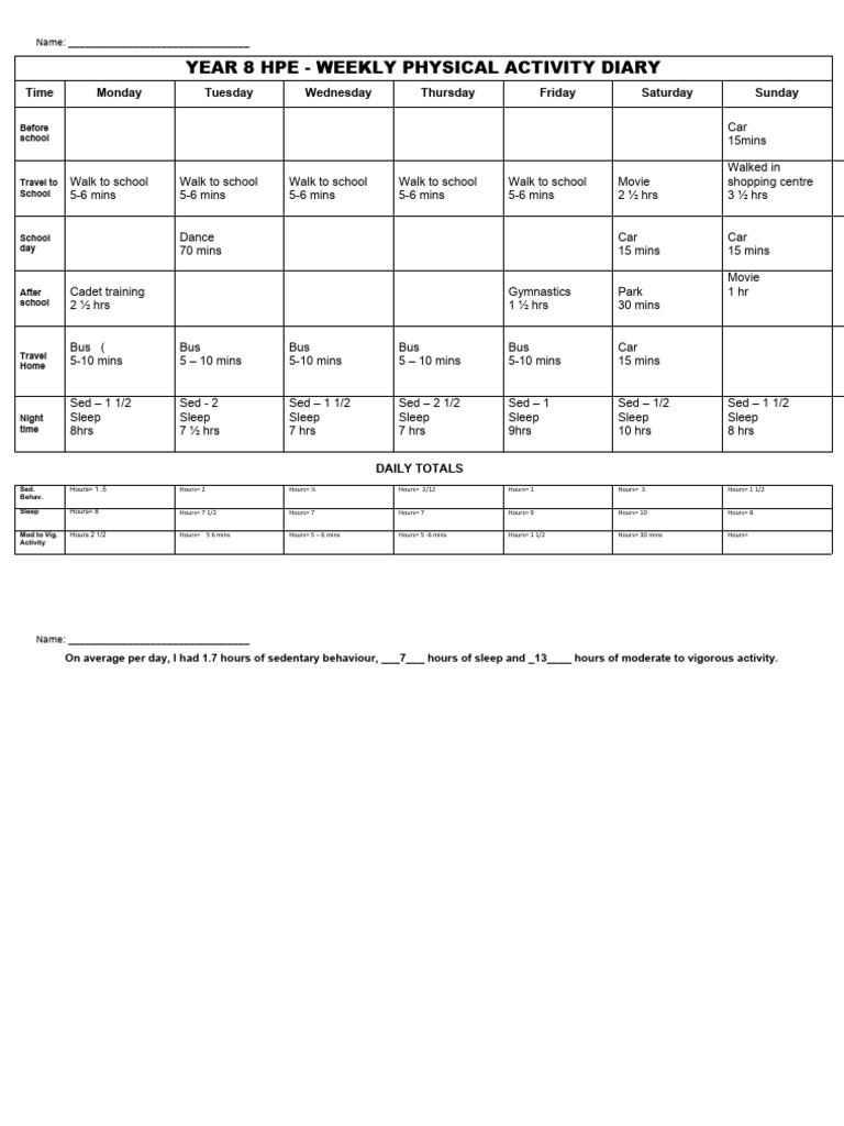 Year 8 HPE Weekly Activity Diary | PDF
