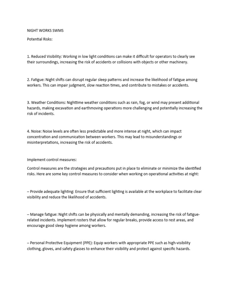 NIGHT WORKS SWMS | PDF | Shift Work | Personal Protective Equipment