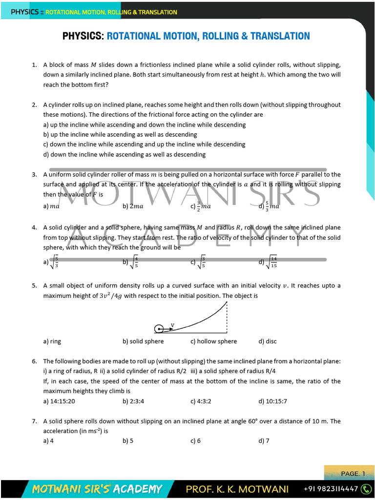 Rotational Motion Rolling & Translation | PDF | Sphere | Force