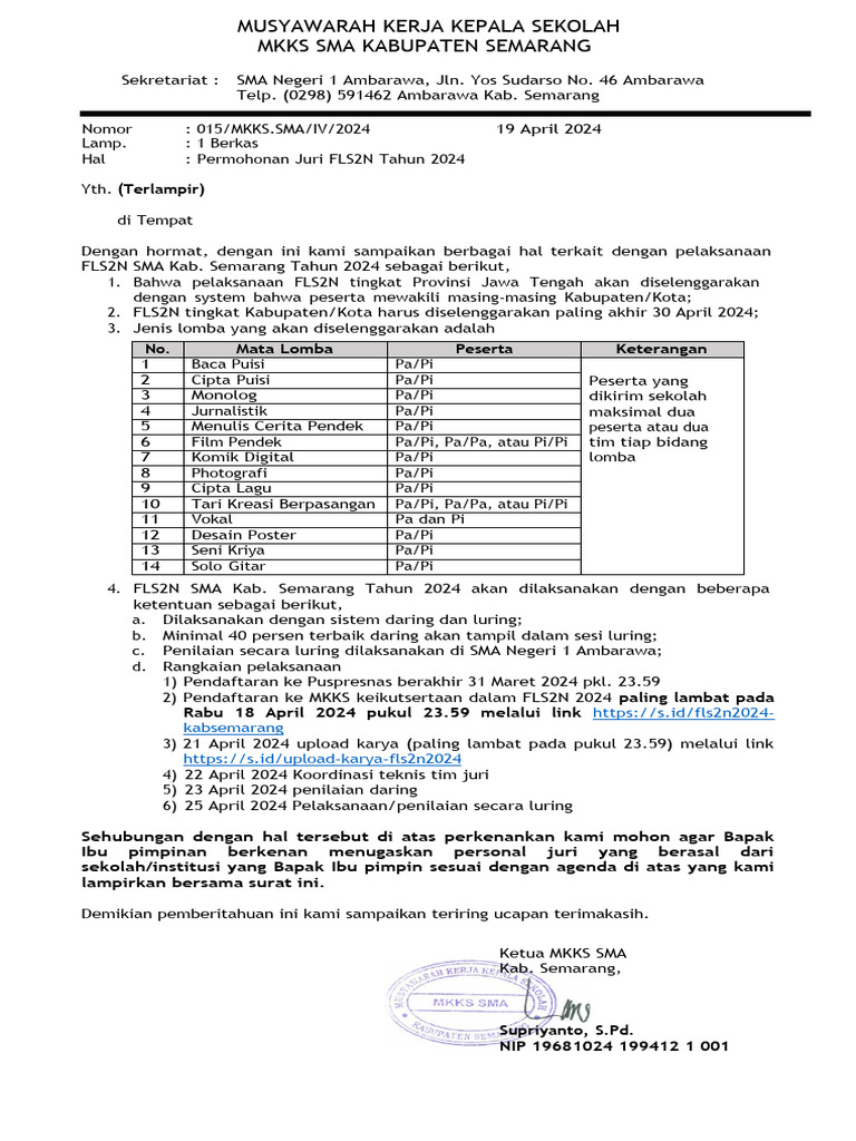 Permohonan Penugasan Juri FLS2N Sma 2024 | PDF