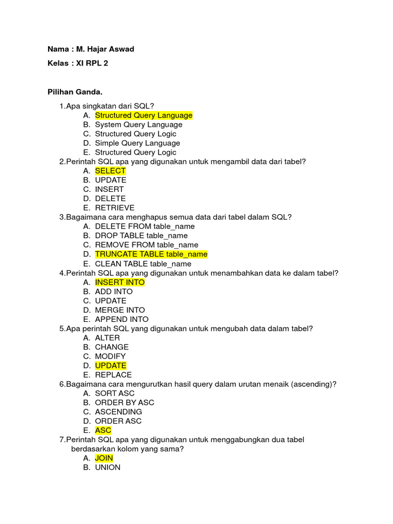 Soal Pilgan Perintah SQL | PDF