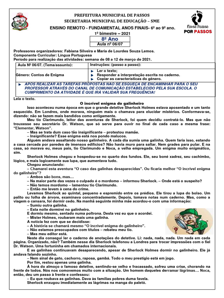 8º Ano Ling. Port. Aulas 06 e 07 Sem. 03 | PDF | Sherlock Holmes