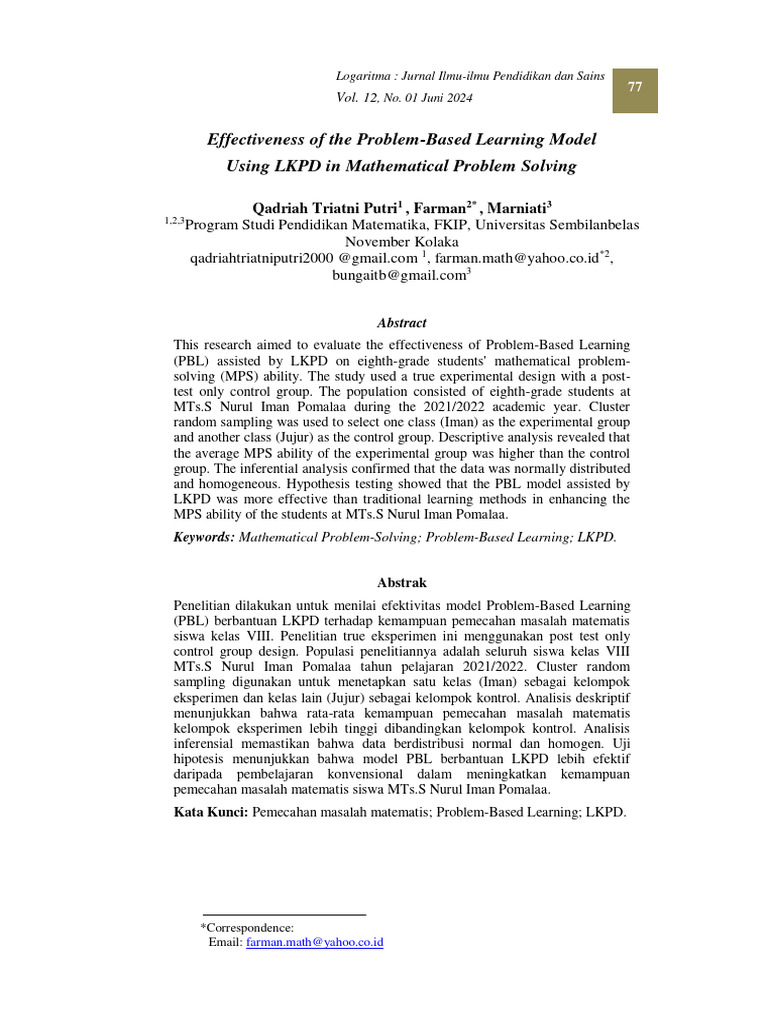 Effectiveness of The Problem-Based Learning Model Using LKPD in Mathematical Problem Solving ...
