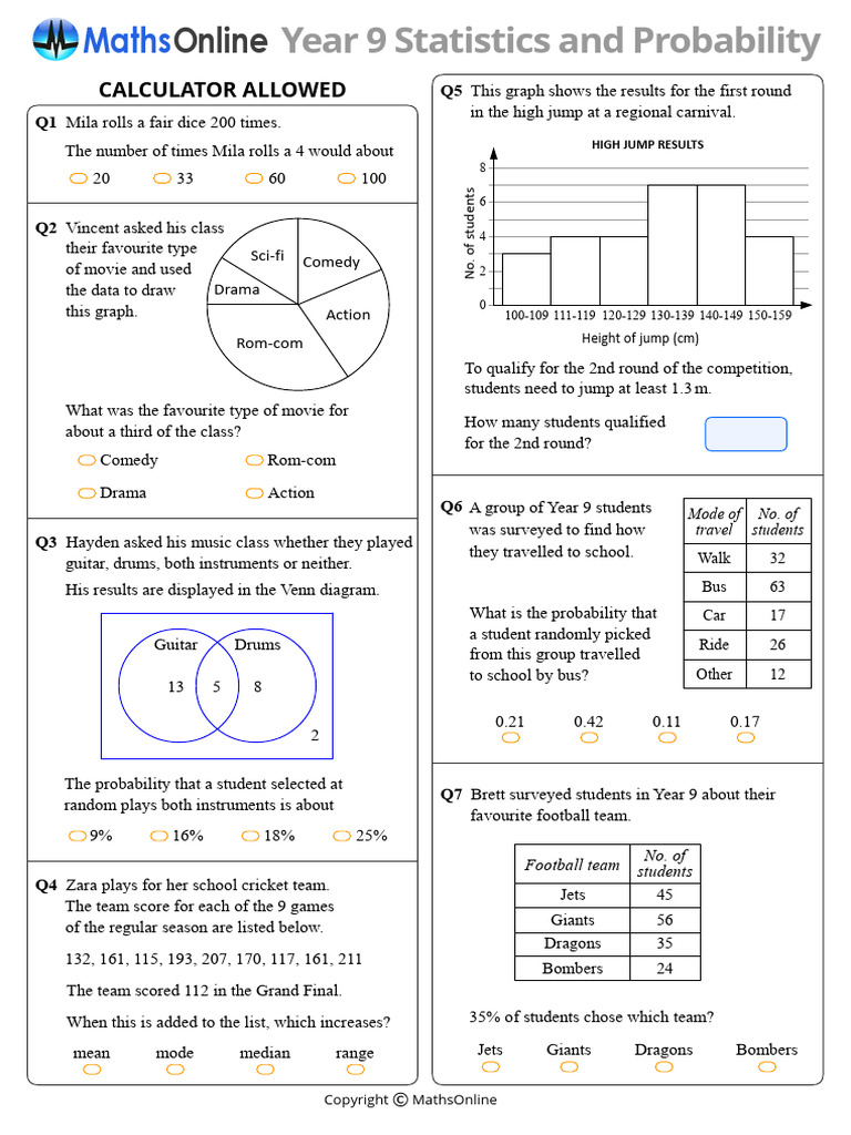 Year9 Revision Statistics and Probability Calc Questions | PDF