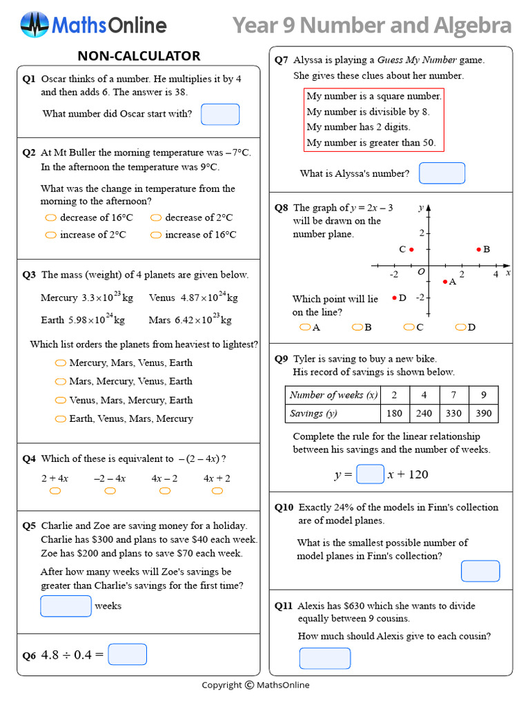 Year9 Revision Number and Algebra Non Calc Questions | PDF | Mathematics