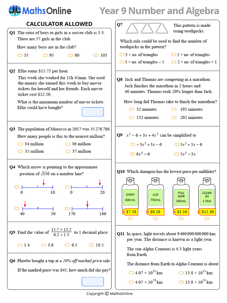 Year9 Revision Number and Algebra Calc Questions | PDF | Speed