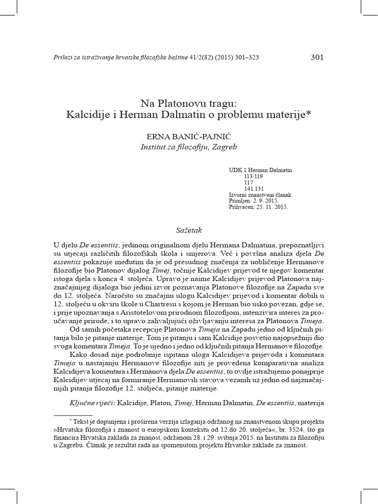 12-Banic-Pajnic-Na Platonovu Tragu-Kalcidije I Herman Dalmatin o Problemu Materije-301-324 | PDF