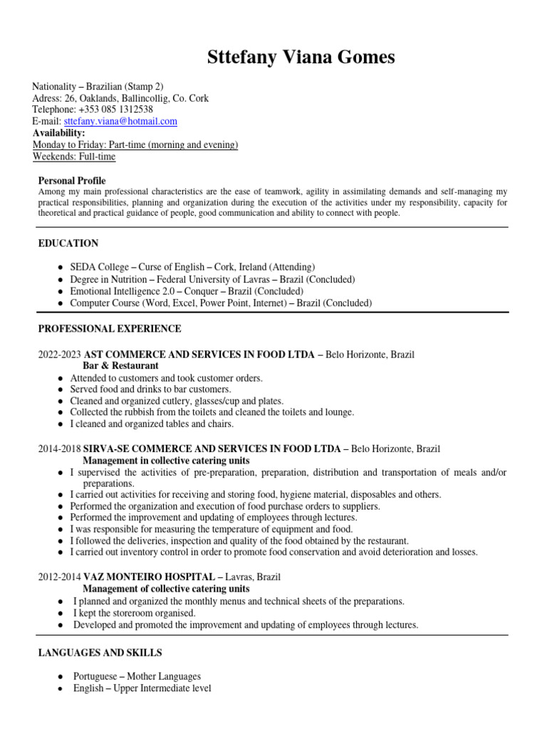 CV Sttefany Gomes 2-1 | PDF | Brazil | Restaurants