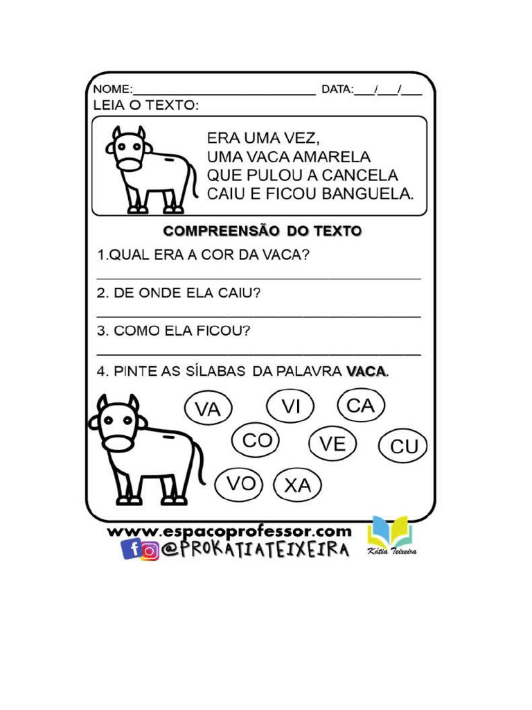 Texto Vaca Amarela - Alfabetização | PDF