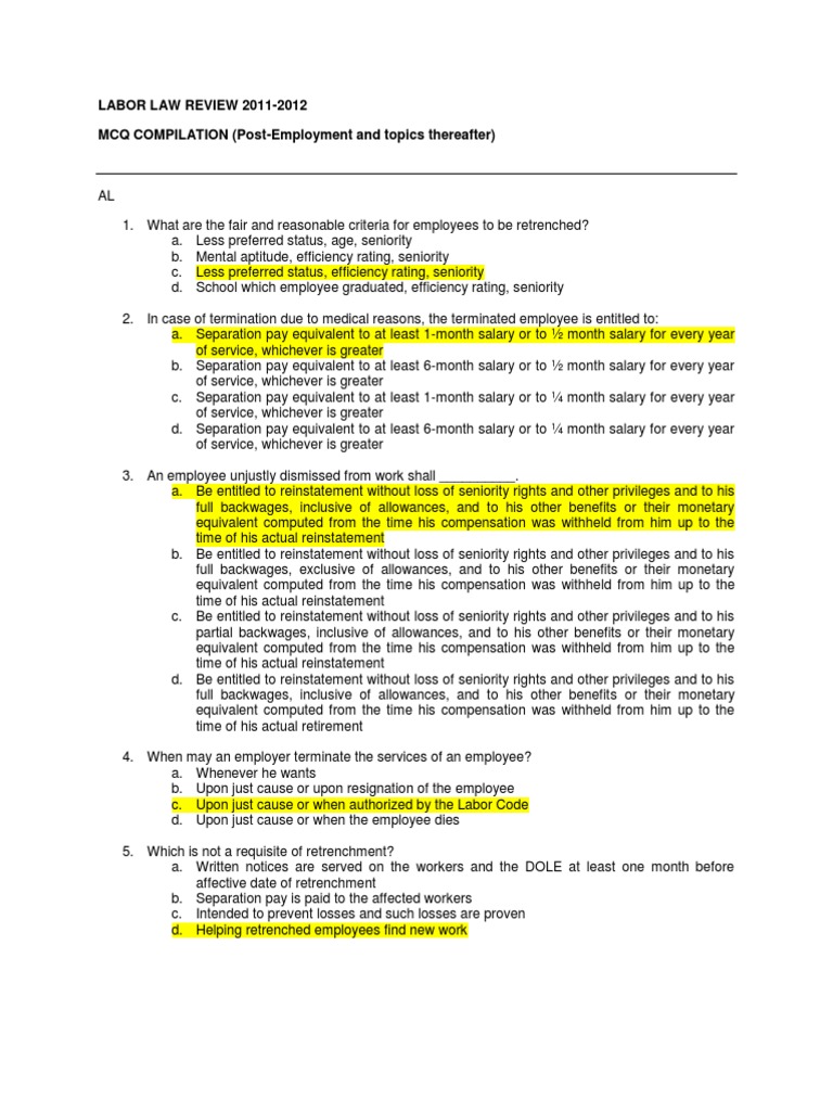 Labor Review MCQ | PDF | Strike Action | Employment