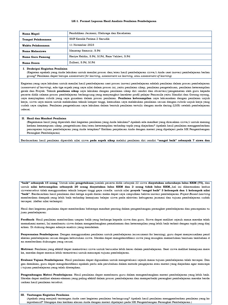 Laporan Hasil Asesmen Pembelajaran Siklus 2 Pdf
