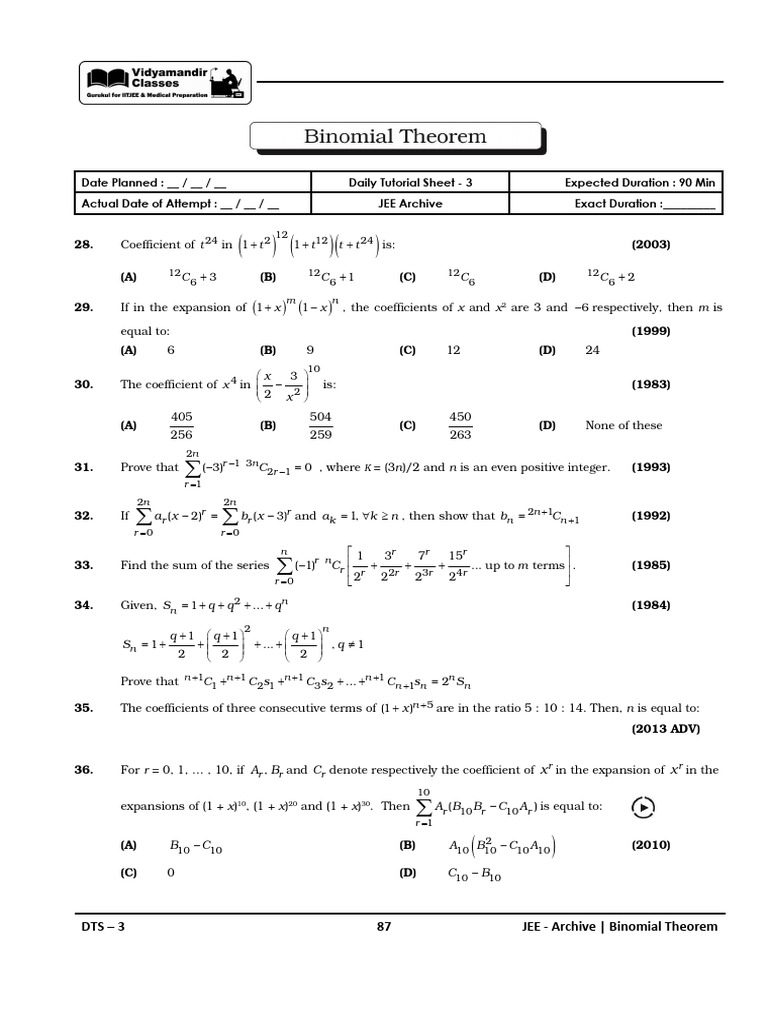 Binomial Theorem JEE Archive DTS-3 | PDF | Mathematical Analysis | Mathematical Logic