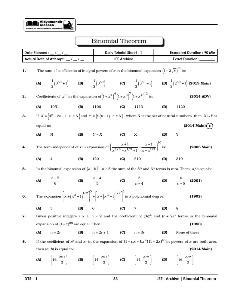 JEE Binomial Theorem Practice Problems | PDF | Mathematics | Combinatorics