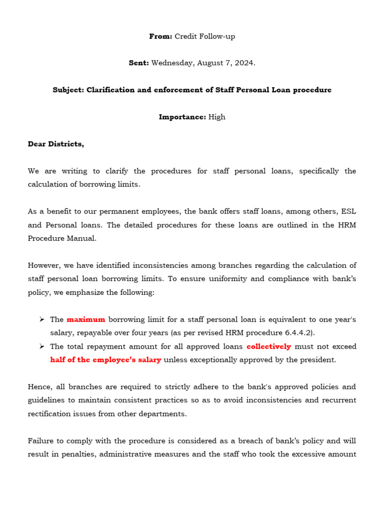 Clarification and Enforcement of Staff Personal Loan Procedure | PDF ...