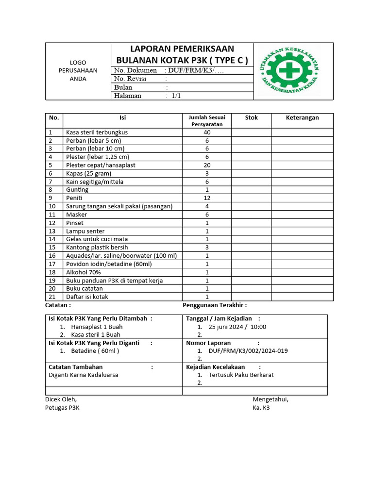 laporan inspeksi bulanan kotak p3k | PDF