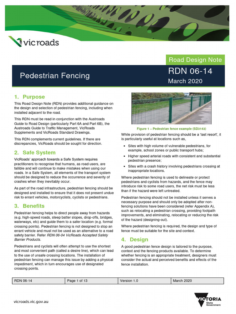 Road Design Note 06 14 Pedestrian Fencing (v1.0) | PDF | Road | Pedestrian