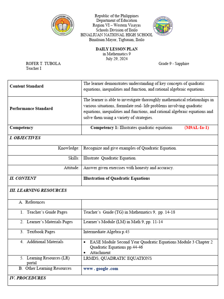 Dlp Math9 Q1 Week1 Day1 Pdf Equations Learning