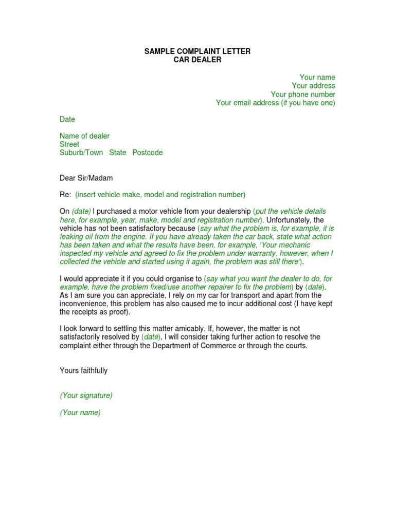 Sample Complaint Letter Car Dealer | PDF