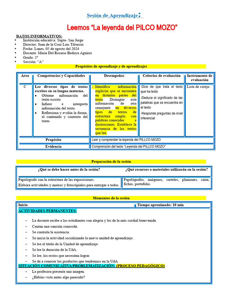2° Sesión Día 1 Com Leemos La Leyenda Del Pillco Mozo | PDF ...
