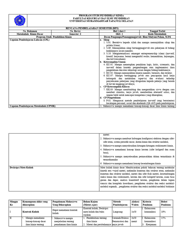 RPS Kimia Dasar | PDF
