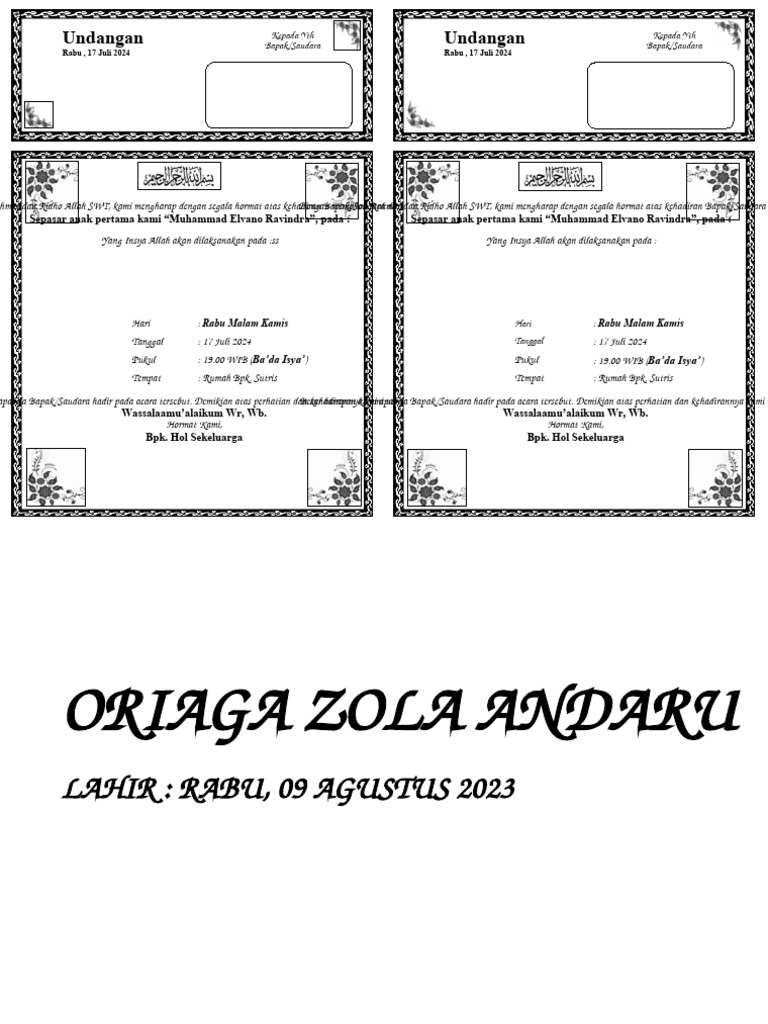 Undangan Selapan Bayi Muhammad Elvano | PDF