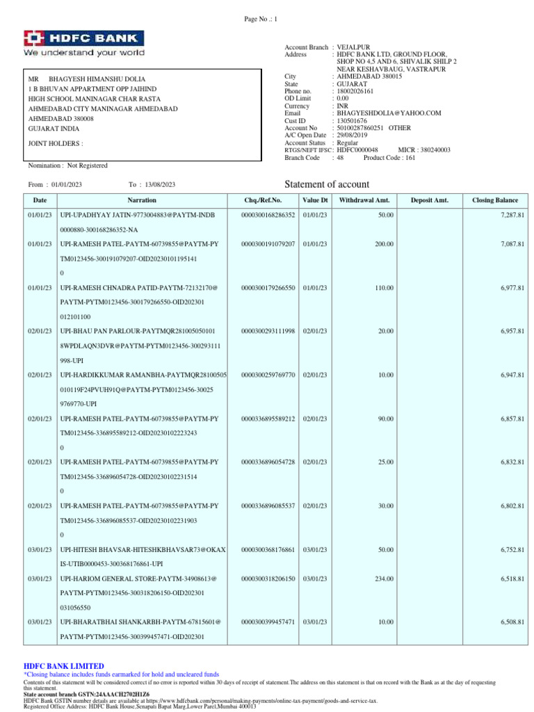 HDFC Statement. | PDF | Financial Services Companies | Money