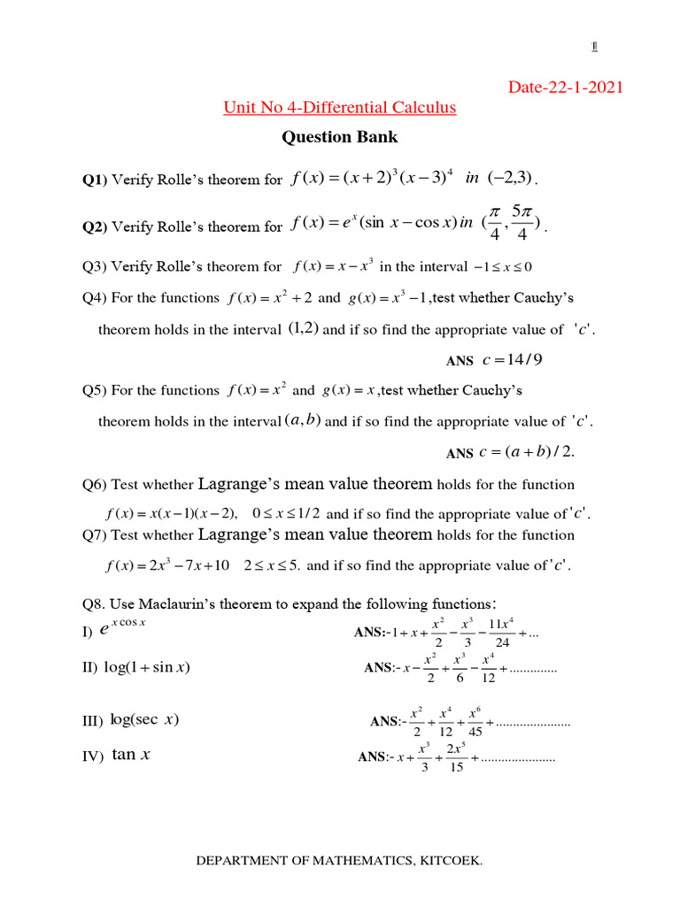 Unit No - 4-Differential Calculus QB | PDF | Complex Analysis | Functions And Mappings