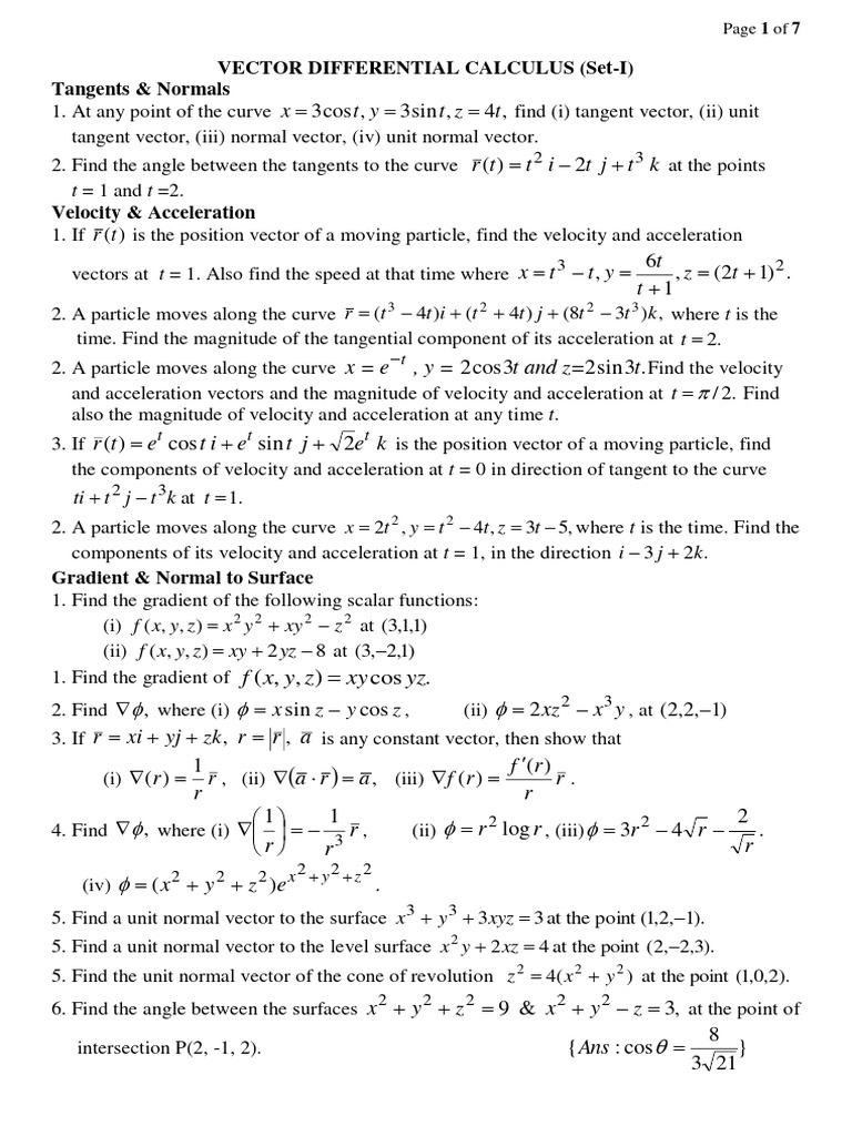 Vector Calculus: Tangents, Normals, Velocity & Gradients | PDF | Acceleration | Algebra