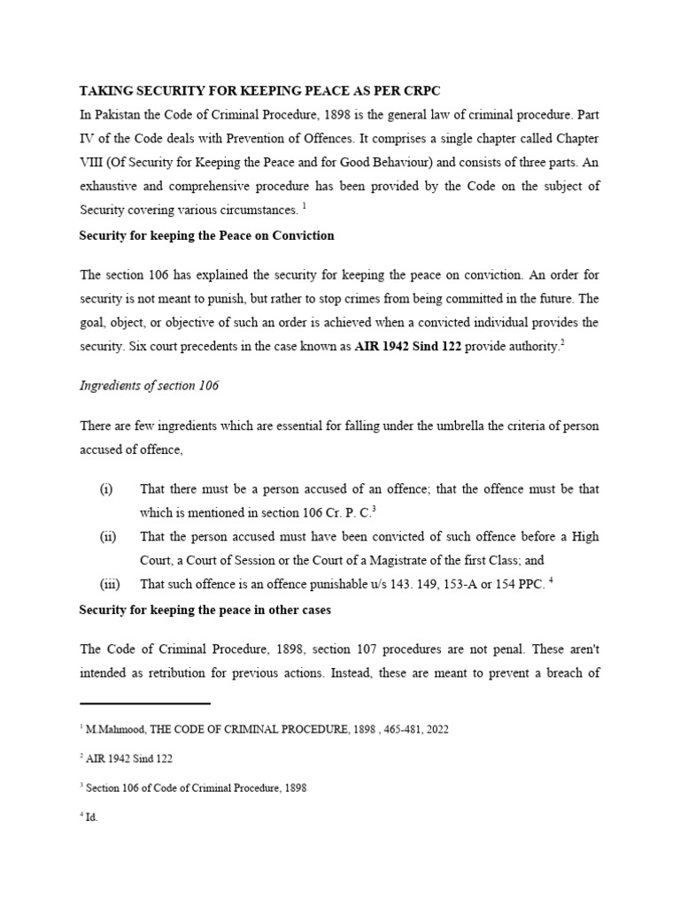 TAKING SECURITY FOR KEEPING PEACE AS PER CRPC - Docx CRPC Project | PDF | Crimes | Crime & Violence