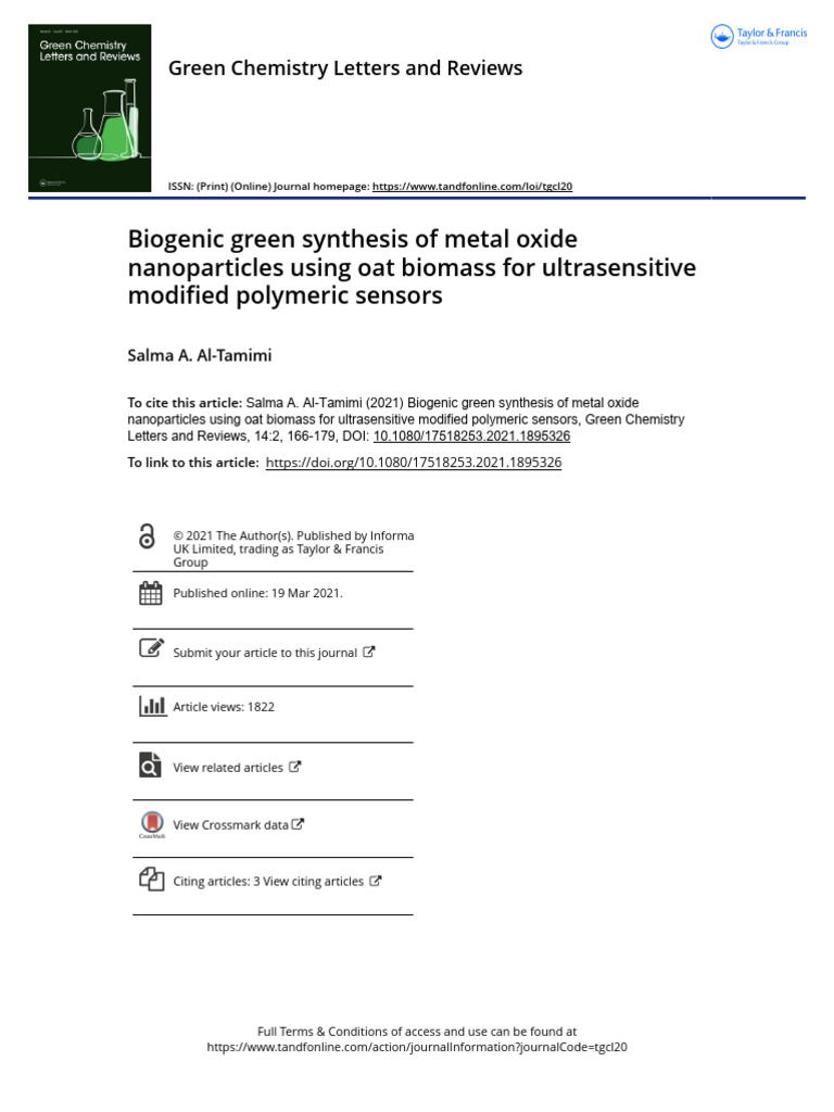 Biogenic Green Synthesis of Metal Oxide Nanoparticles Using Oat Biomass For Ultrasensitive ...