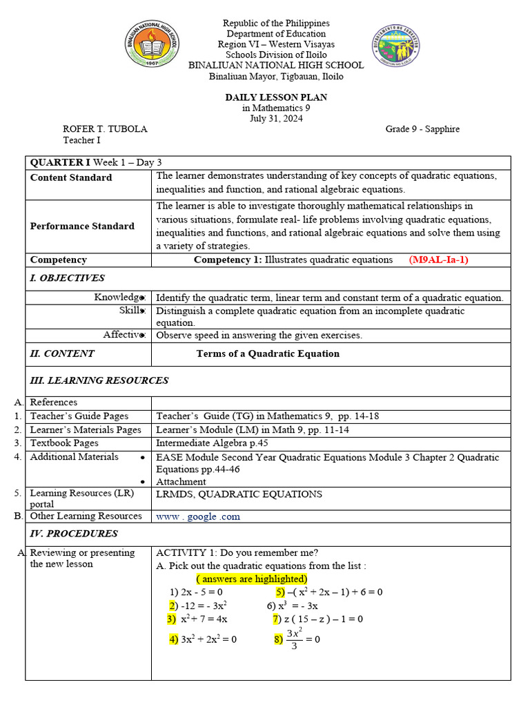DLP Math9 q1 Week1 Day3 | PDF | Equations | Mathematics