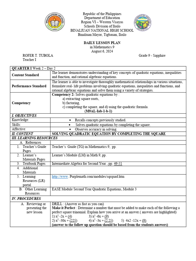DLP Math9 q1 Week2 Day2 | PDF | Quadratic Equation | Equations