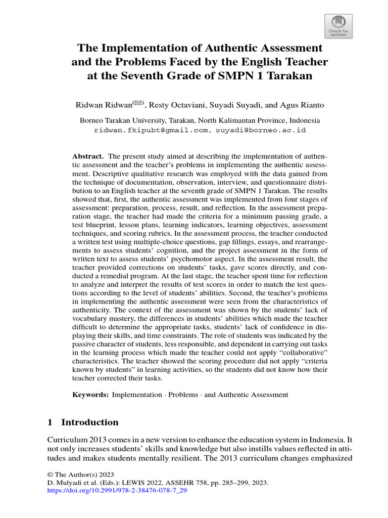 The Implementation of Authentic Assessment and The Problems Faced by The English Teacher at The ...