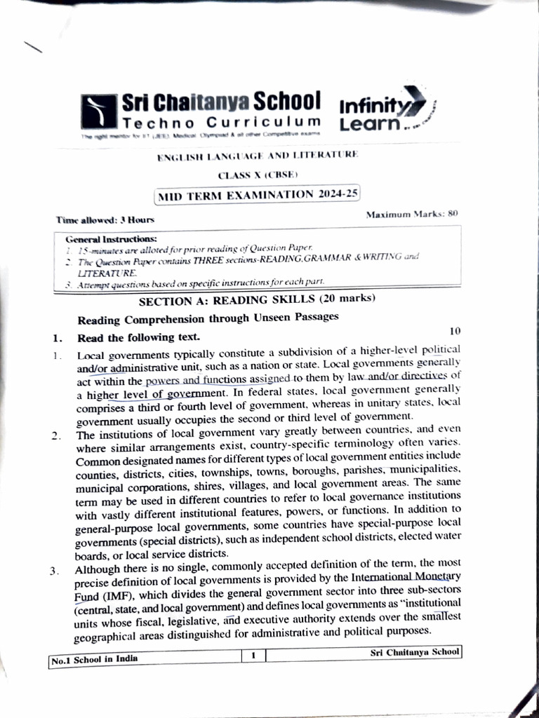 English 10 Mid Term Question Paper Sri Chaitania Techno School | PDF ...