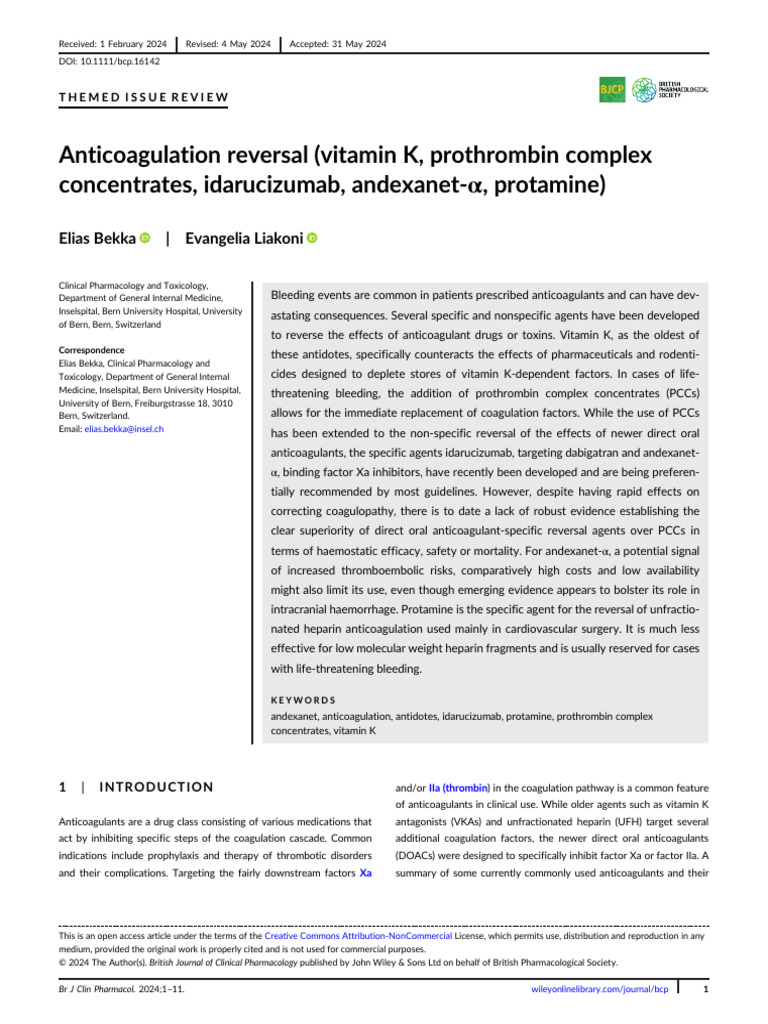 Brit J Clinical Pharma - 2024 - Bekka - Anticoagulation Reversal ...